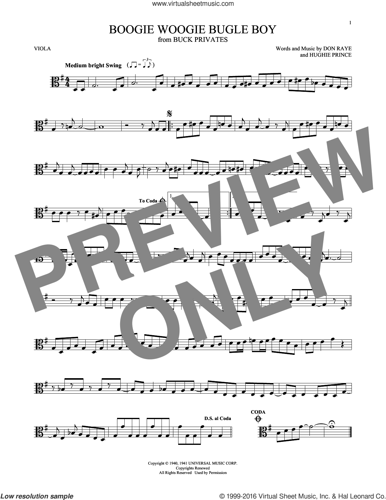 Boogie Woogie Bugle Boy sheet music for viola solo (PDF)