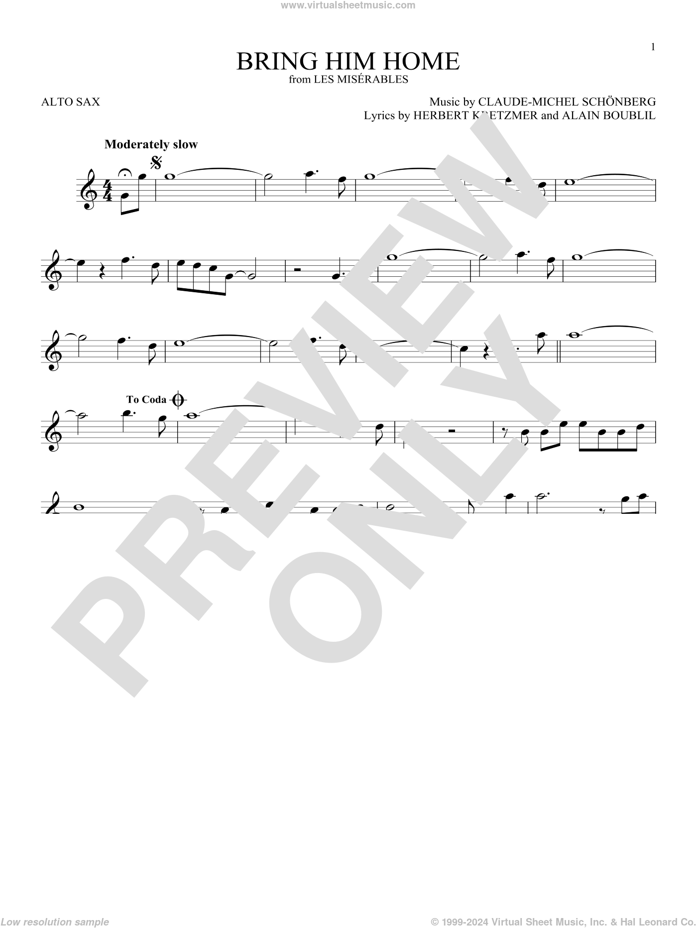 Bring Him Home sheet music for alto saxophone solo (PDF)