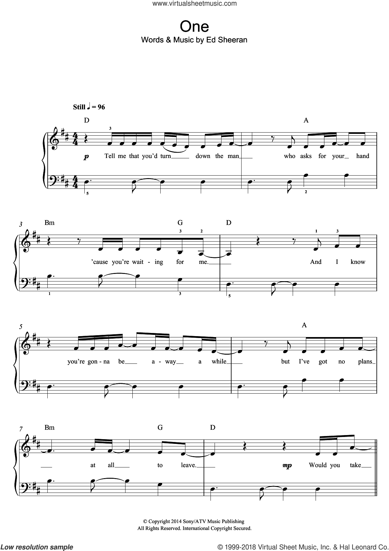 One, (easy) sheet music for piano solo (PDF-interactive)