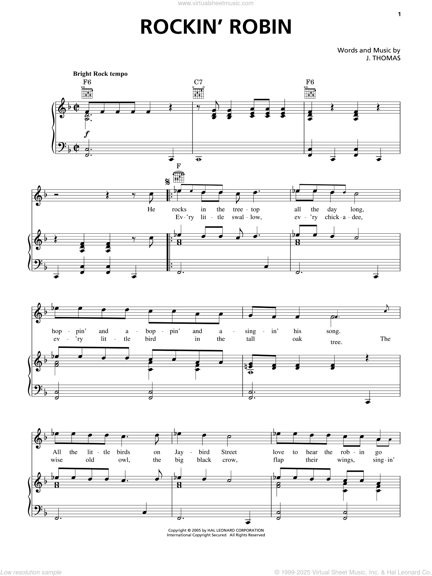 Bobby Day: Rockin' Robin sheet music for voice, piano or guitar