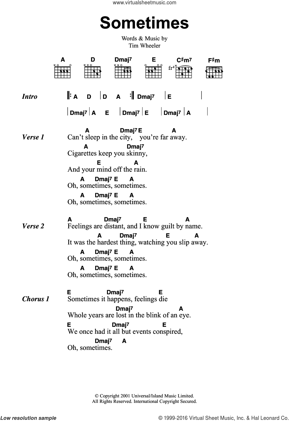 Tim Wheeler: Sometimes sheet music for guitar (chords) (PDF)