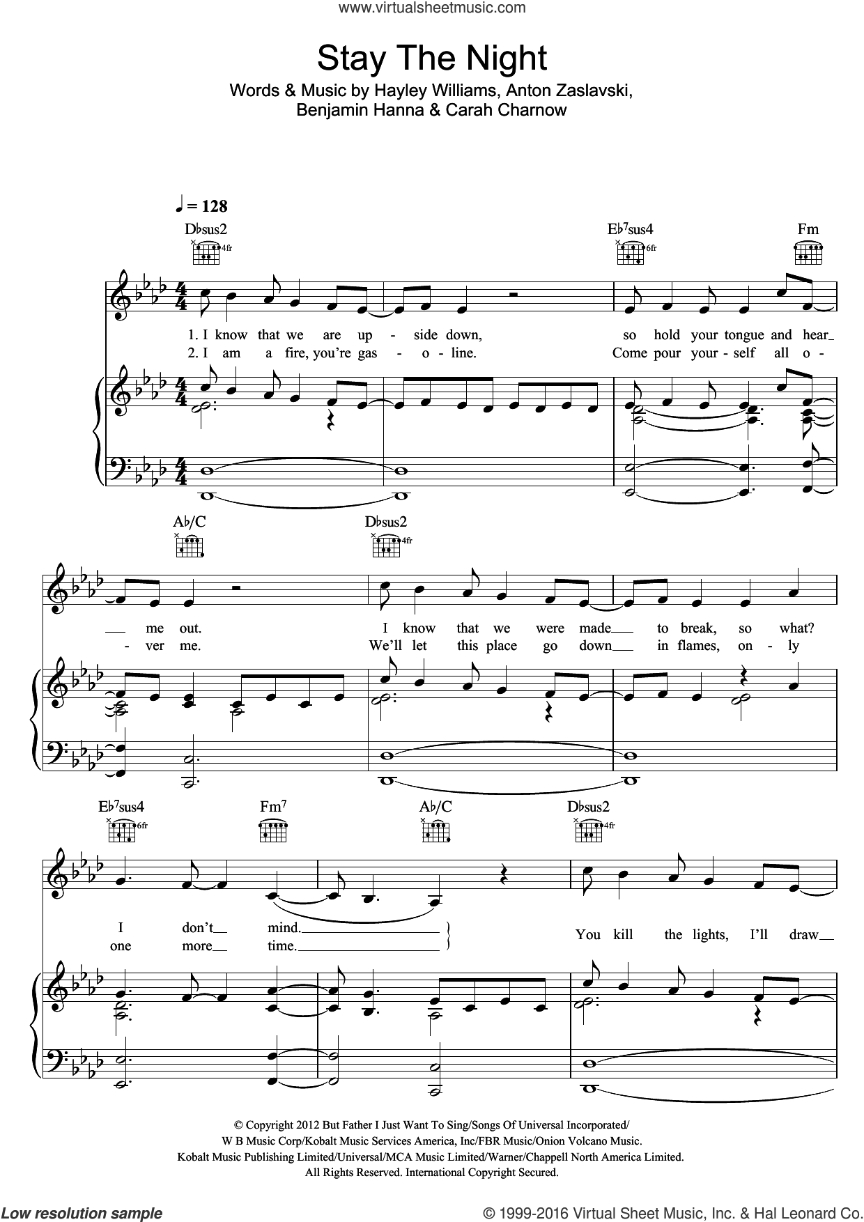 Zedd feat. Hayley Williams: Stay The Night sheet music for voice, piano ...