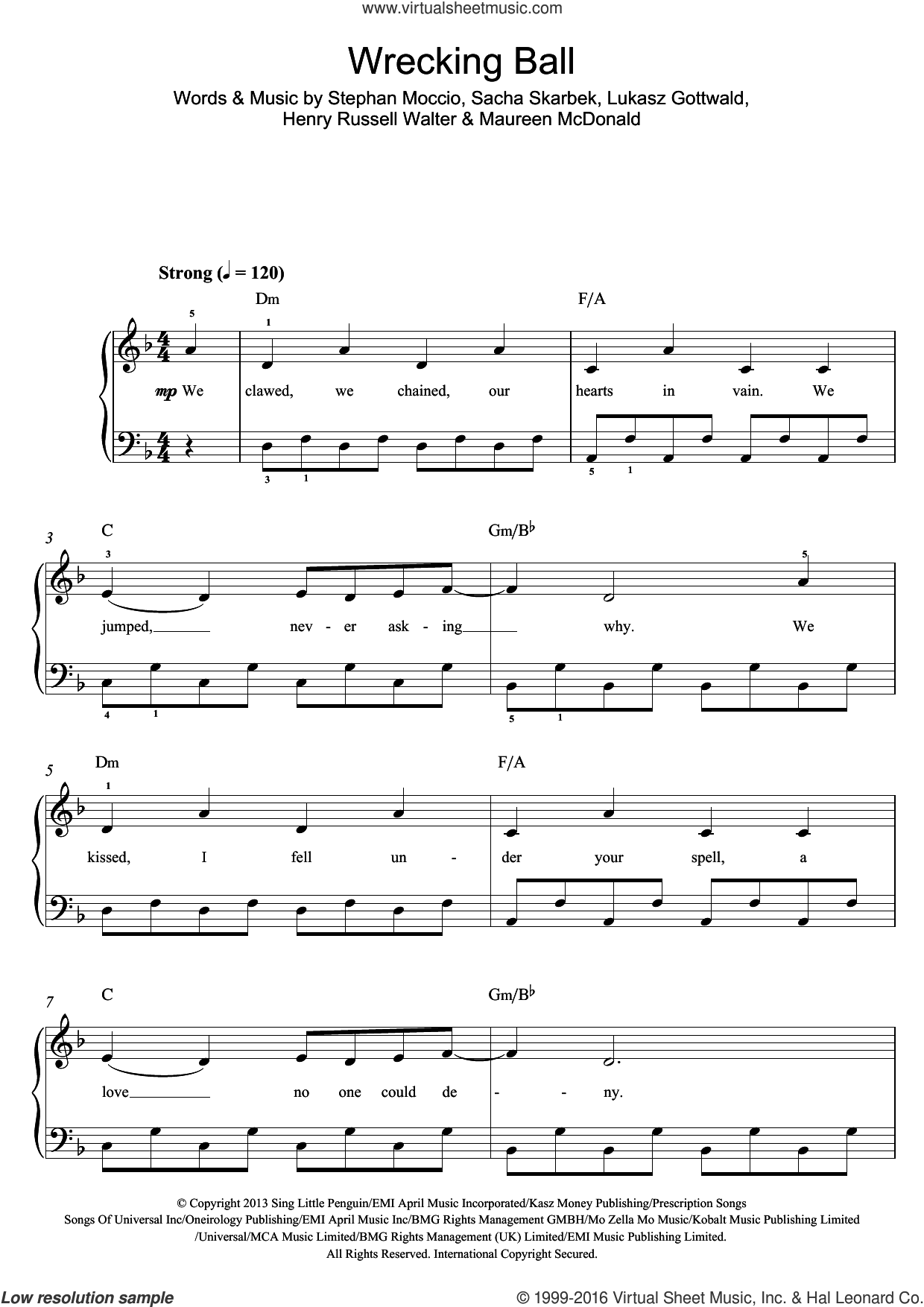 Wrecking Ball sheet music for piano solo (beginners) (PDF)