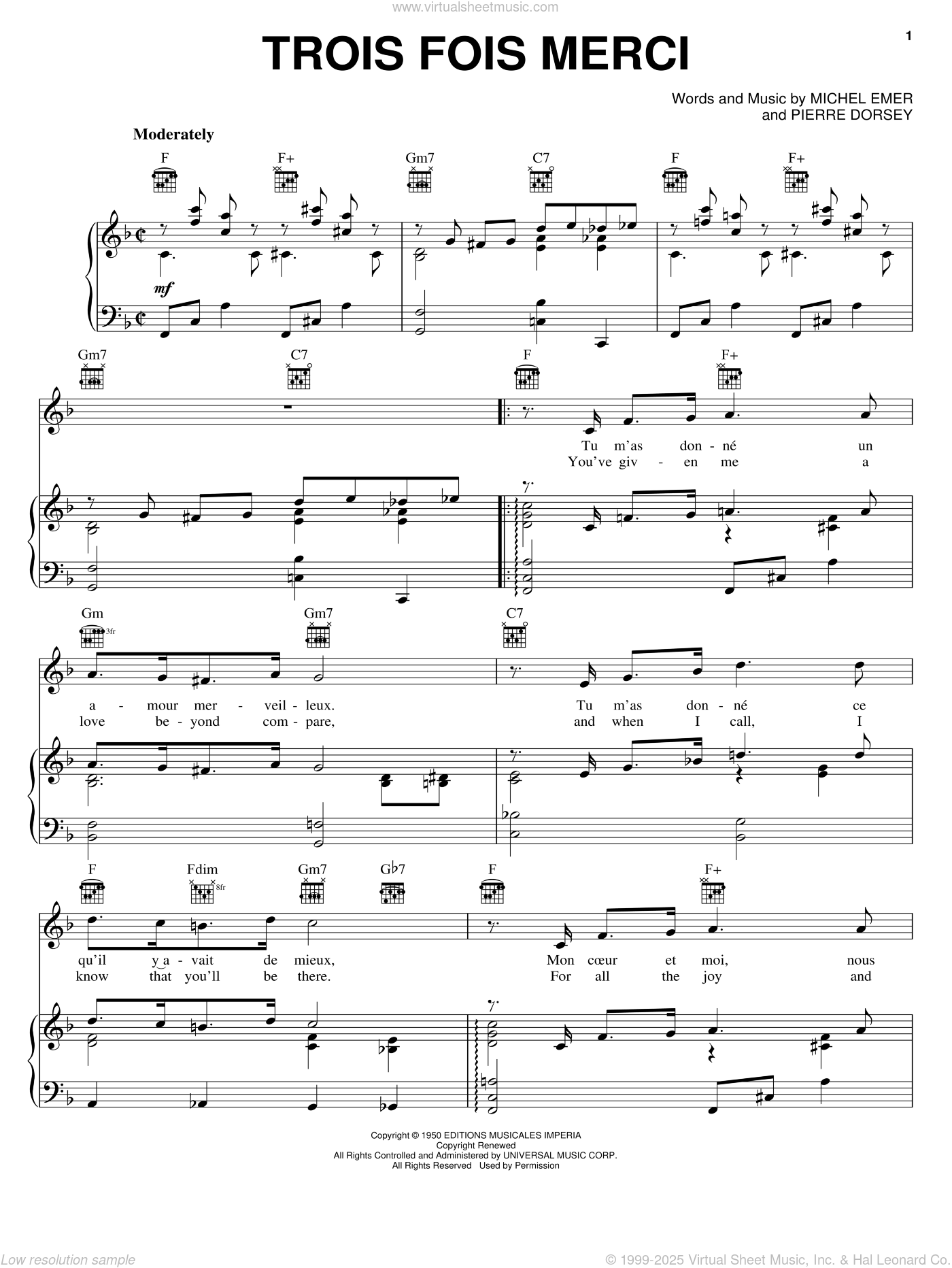 Trois Fois Merci sheet music for voice, piano or guitar (PDF)