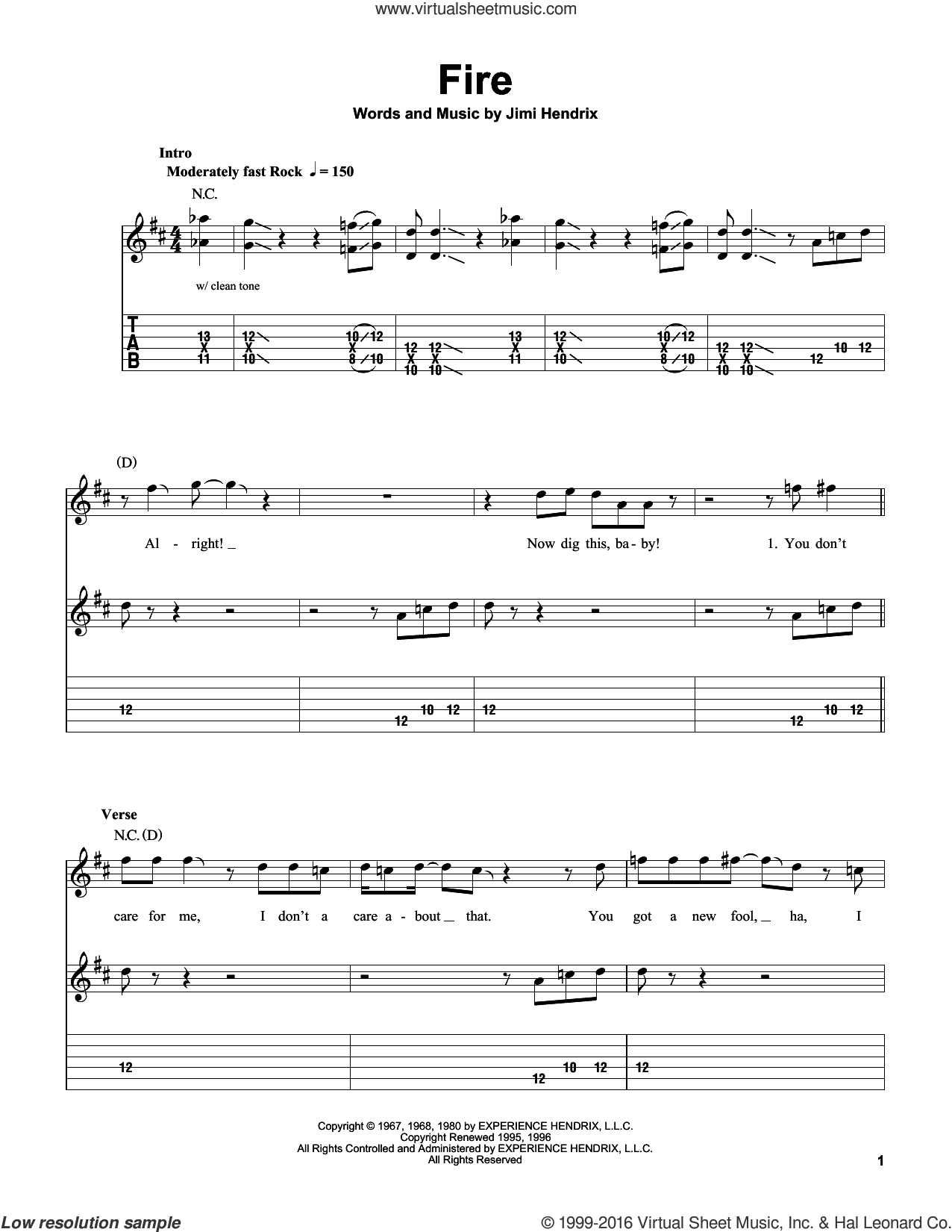 Fire sheet music for guitar solo (easy tablature) v2