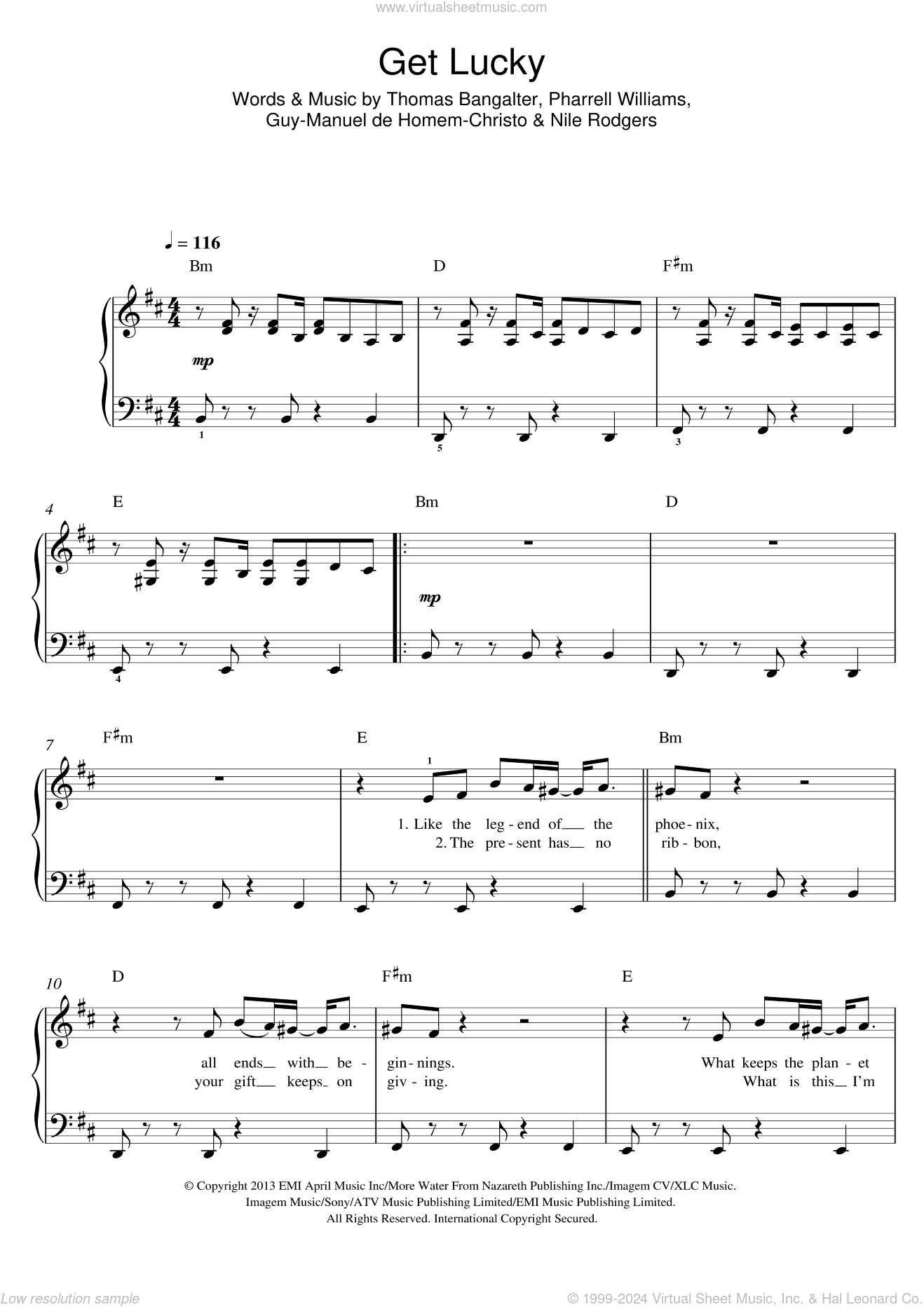 Get Lucky (featuring Pharrell Williams) sheet music (easy) for piano solo