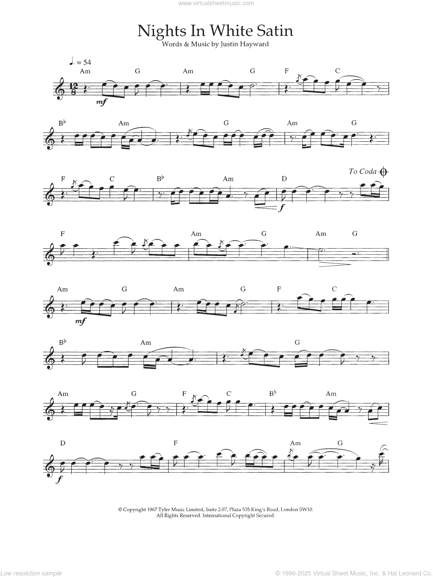 Nights In White Satin sheet music for flute solo v2