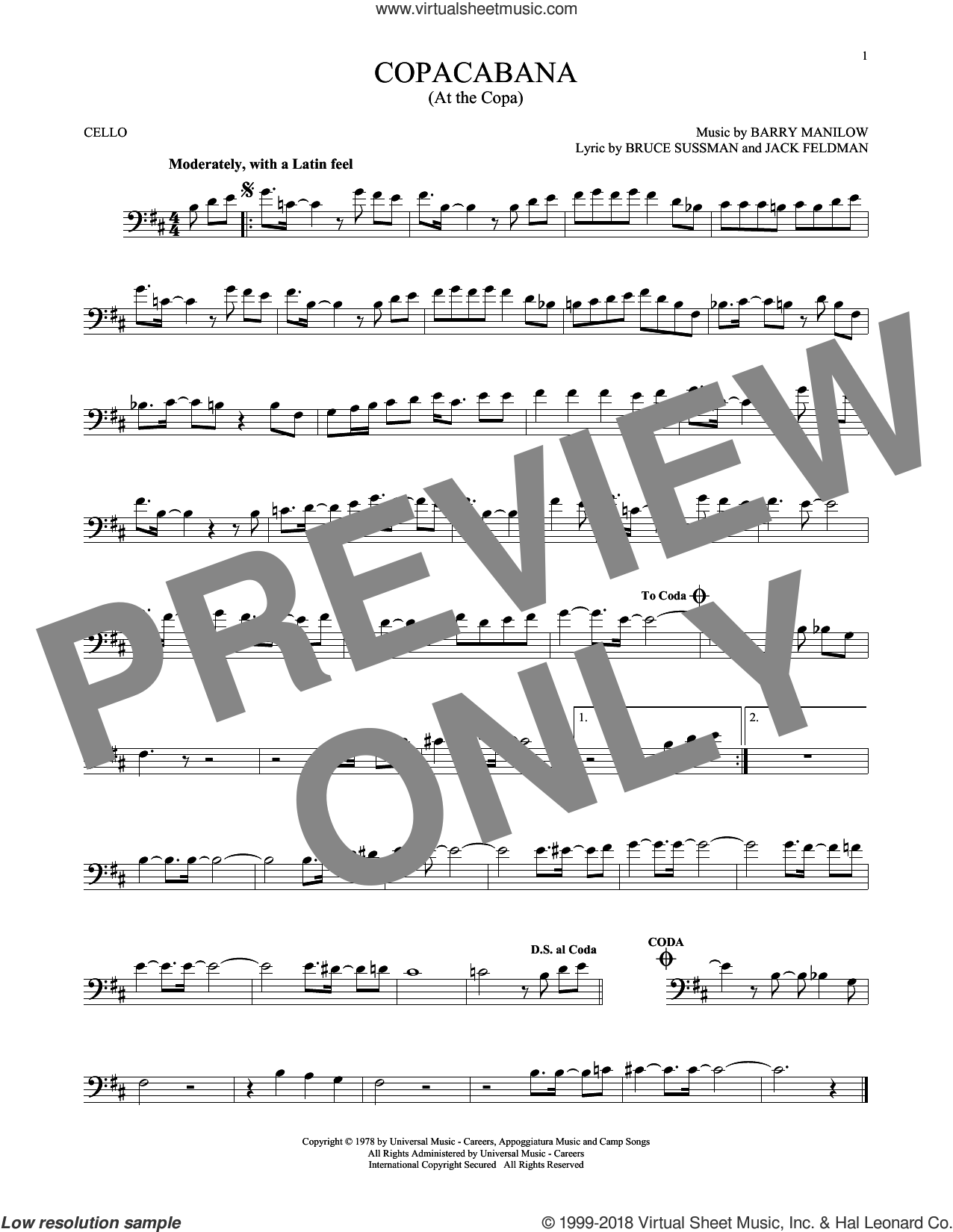 Copacabana (At The Copa) sheet music for cello solo (PDF)