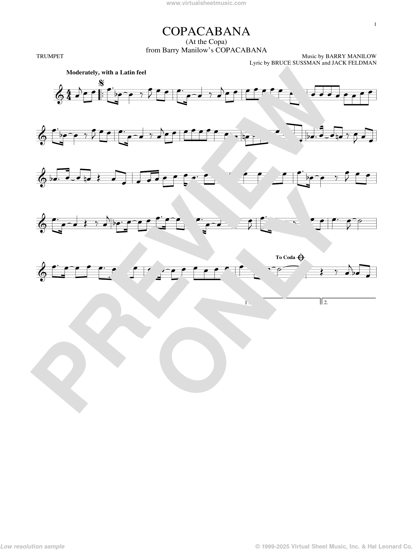 Copacabana (At The Copa) sheet music for trumpet solo (PDF)