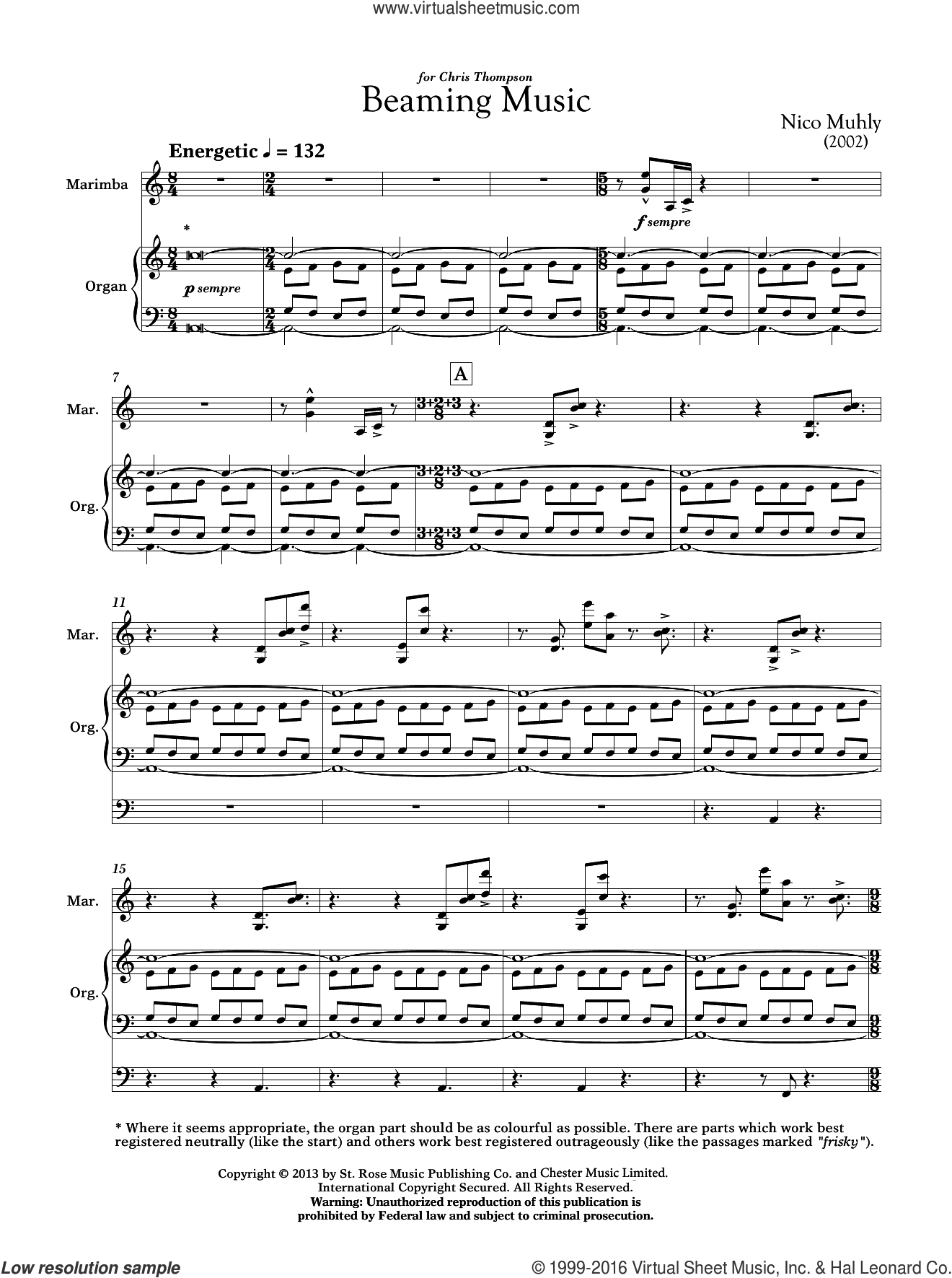 Beaming Music (for Marimba and Organ) sheet music (PDF)