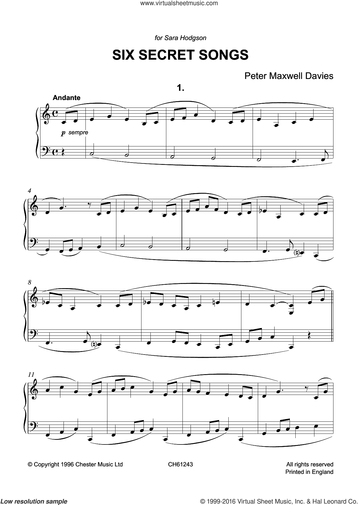 Six Secret Songs sheet music for piano solo (PDF)