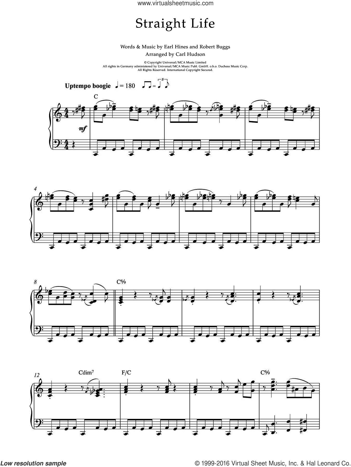Straight Life sheet music for piano solo (PDF)