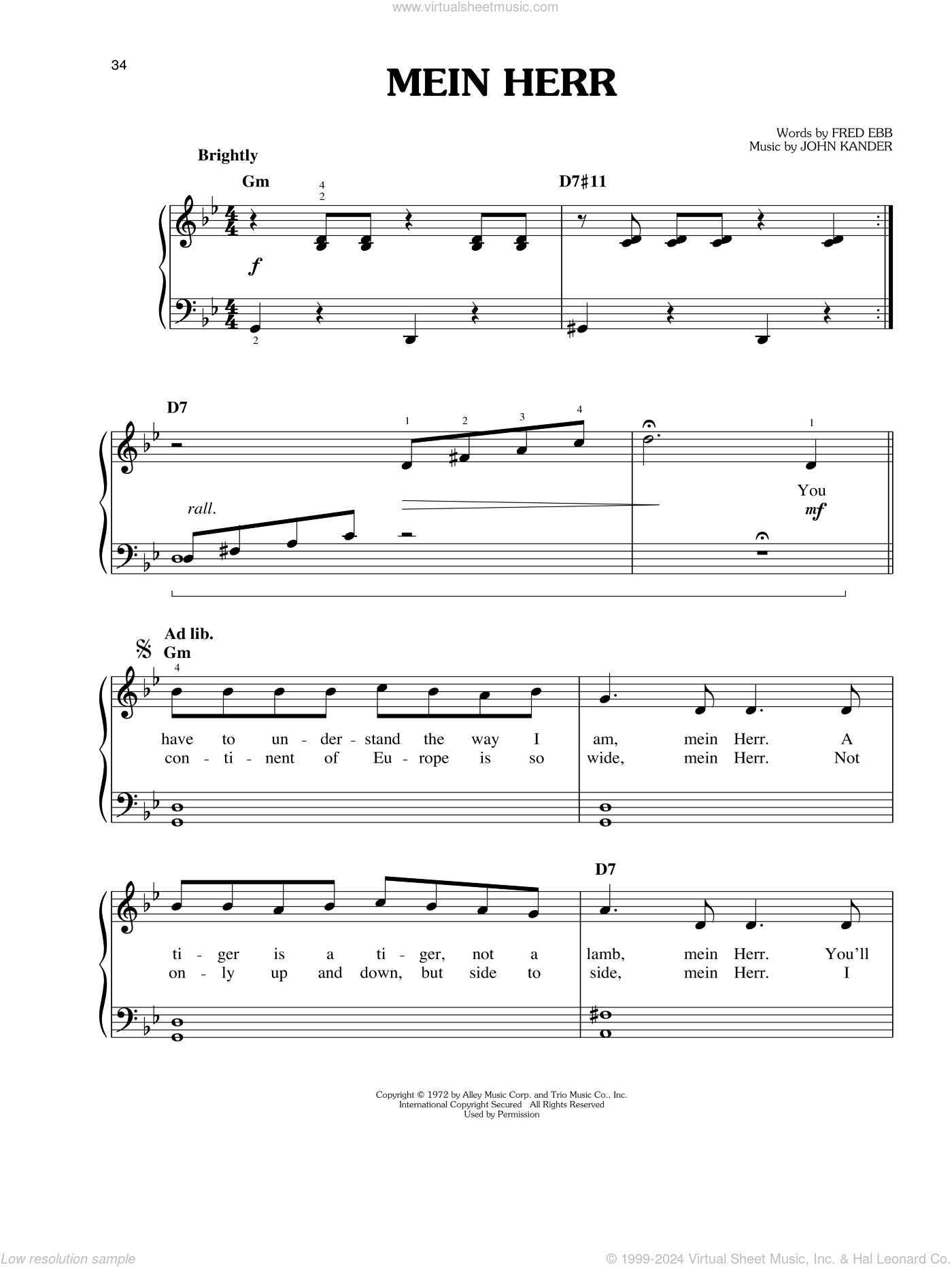 Mein Herr sheet music for piano solo (PDF)