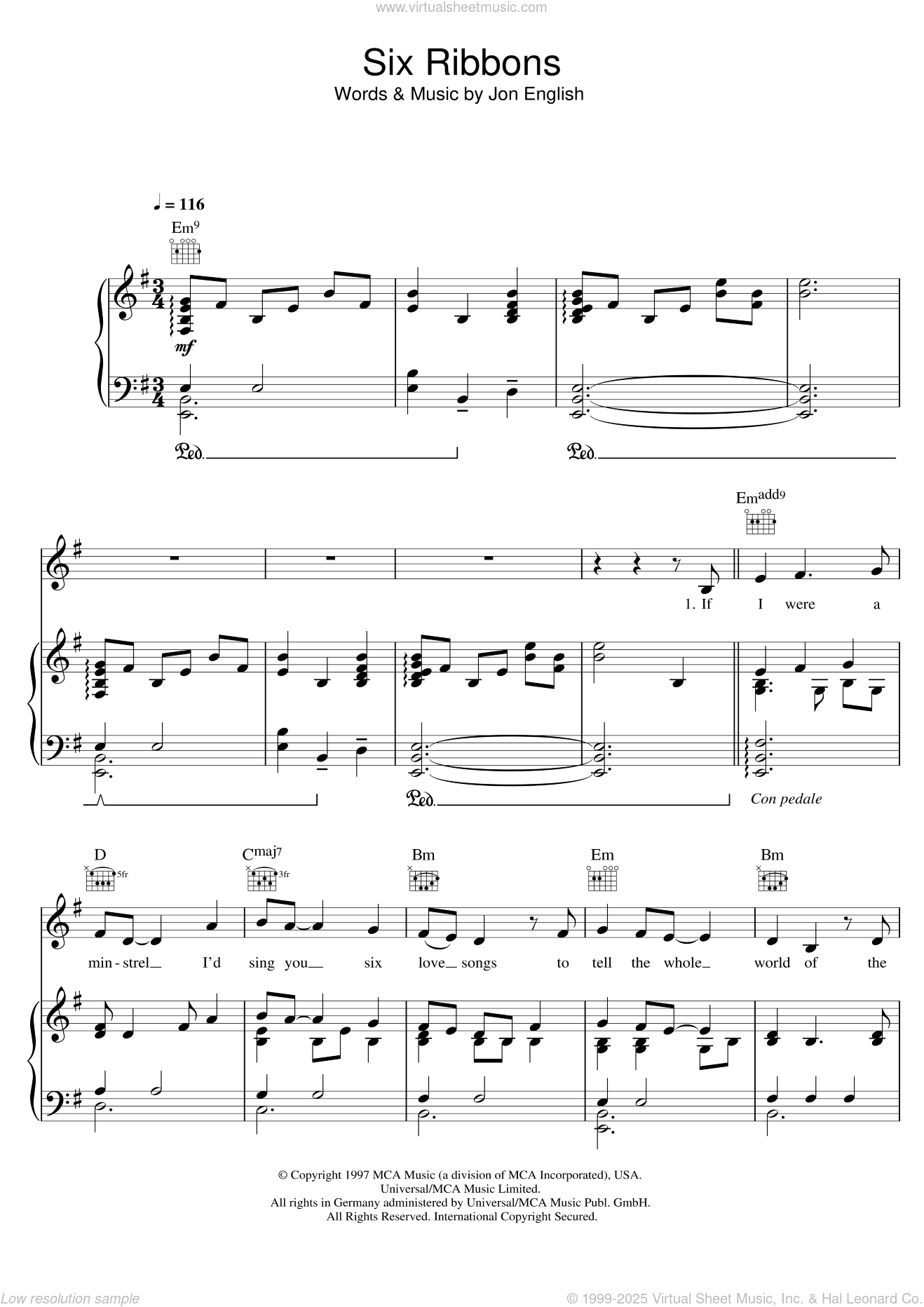 Six Ribbons sheet music for voice, piano or guitar (PDF)