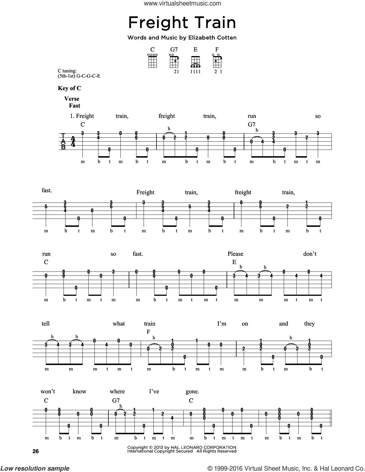 Freight Train sheet music for banjo solo (PDF)