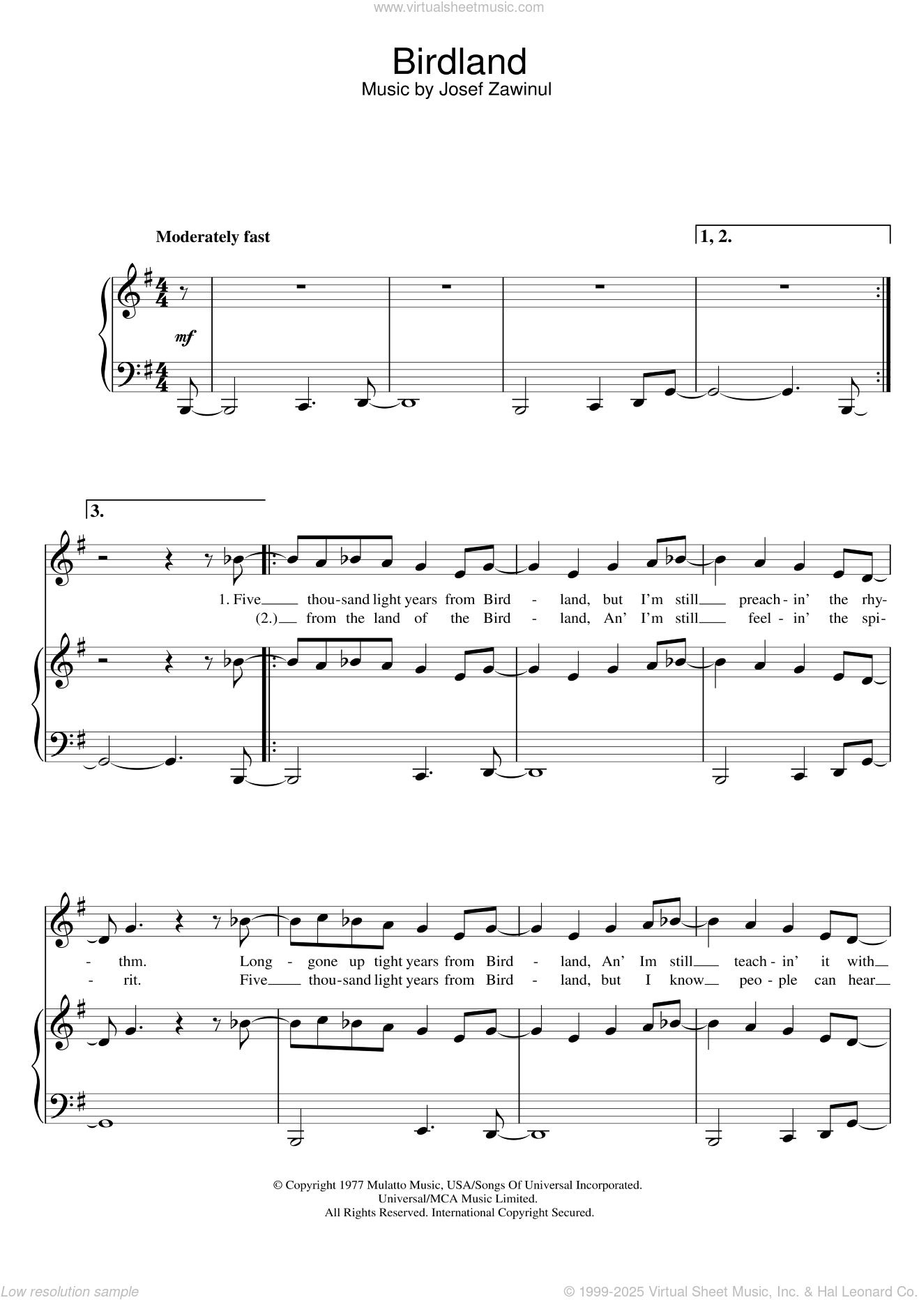 Transfer - Birdland sheet music for voice, piano or guitar (PDF)