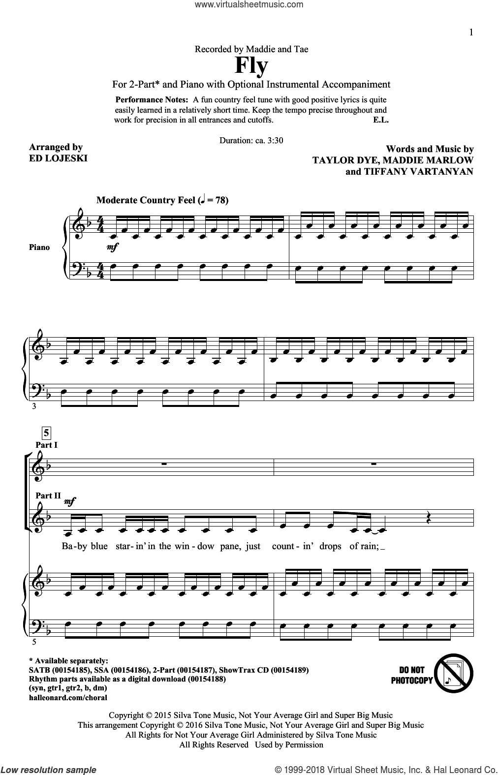 Fly sheet music for choir (2-Part) (PDF)