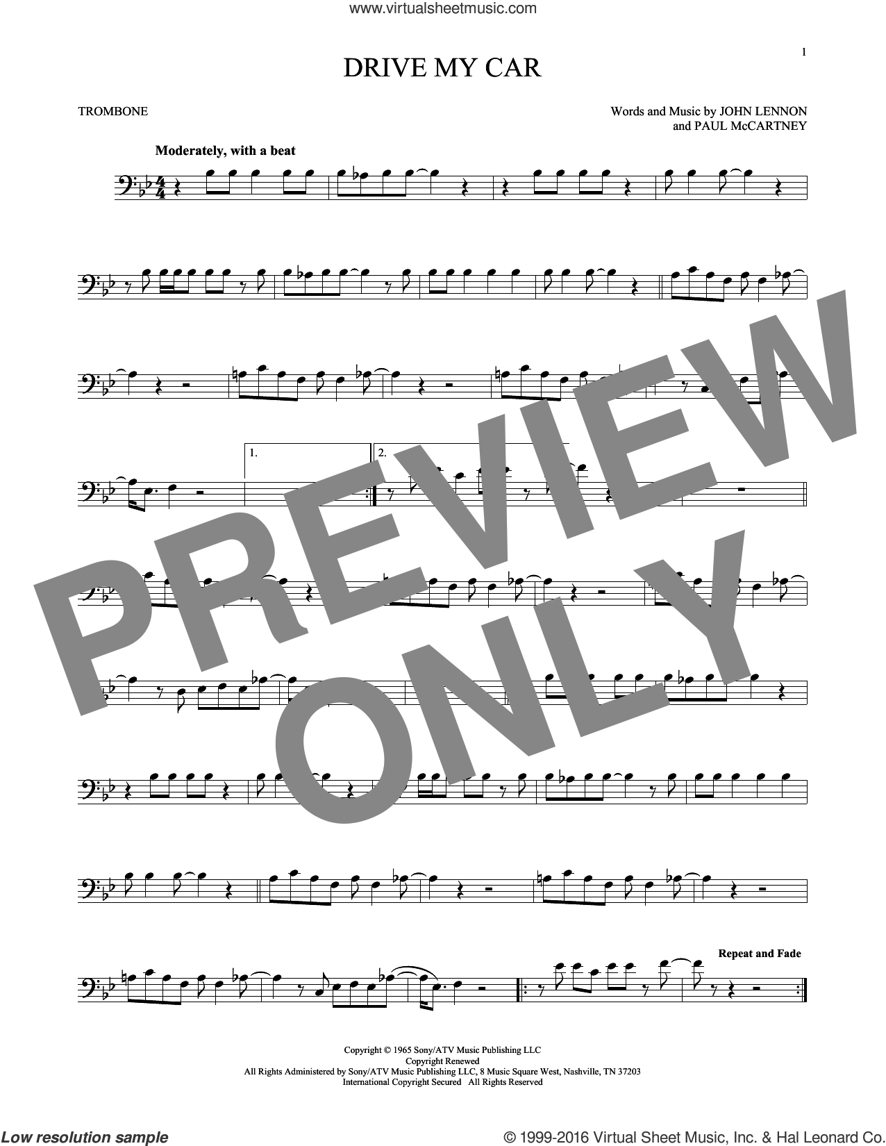 Drive My Car sheet music for trombone solo (PDF-interactive)