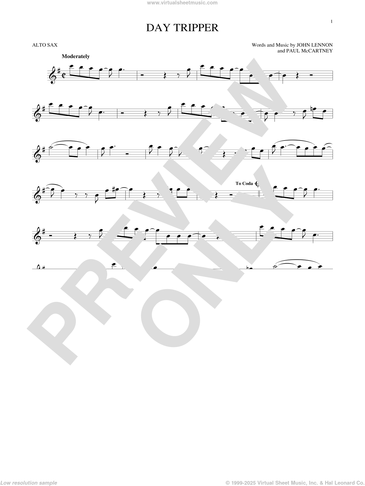 Day Tripper sheet music for alto saxophone solo (PDF-interactive)