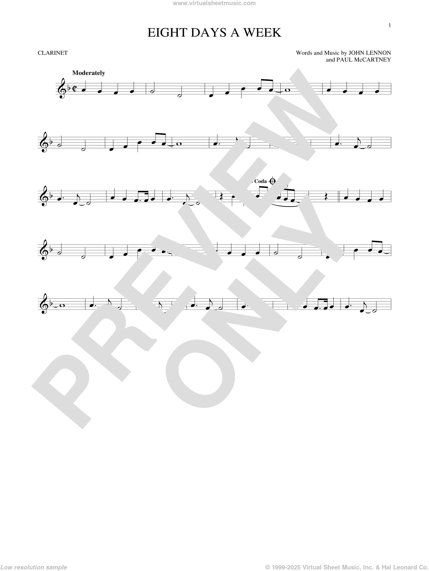 Eight Days A Week sheet music for clarinet solo (PDF-interactive)