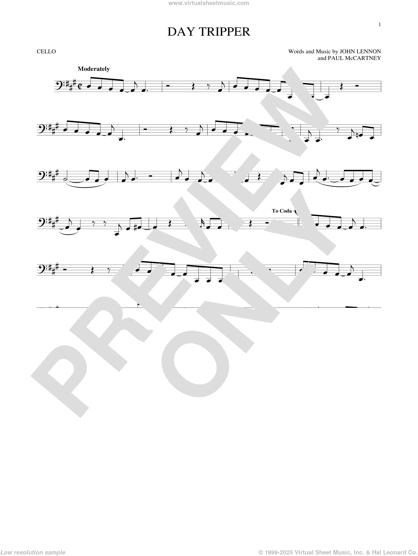 Day Tripper sheet music for cello solo (PDF-interactive)