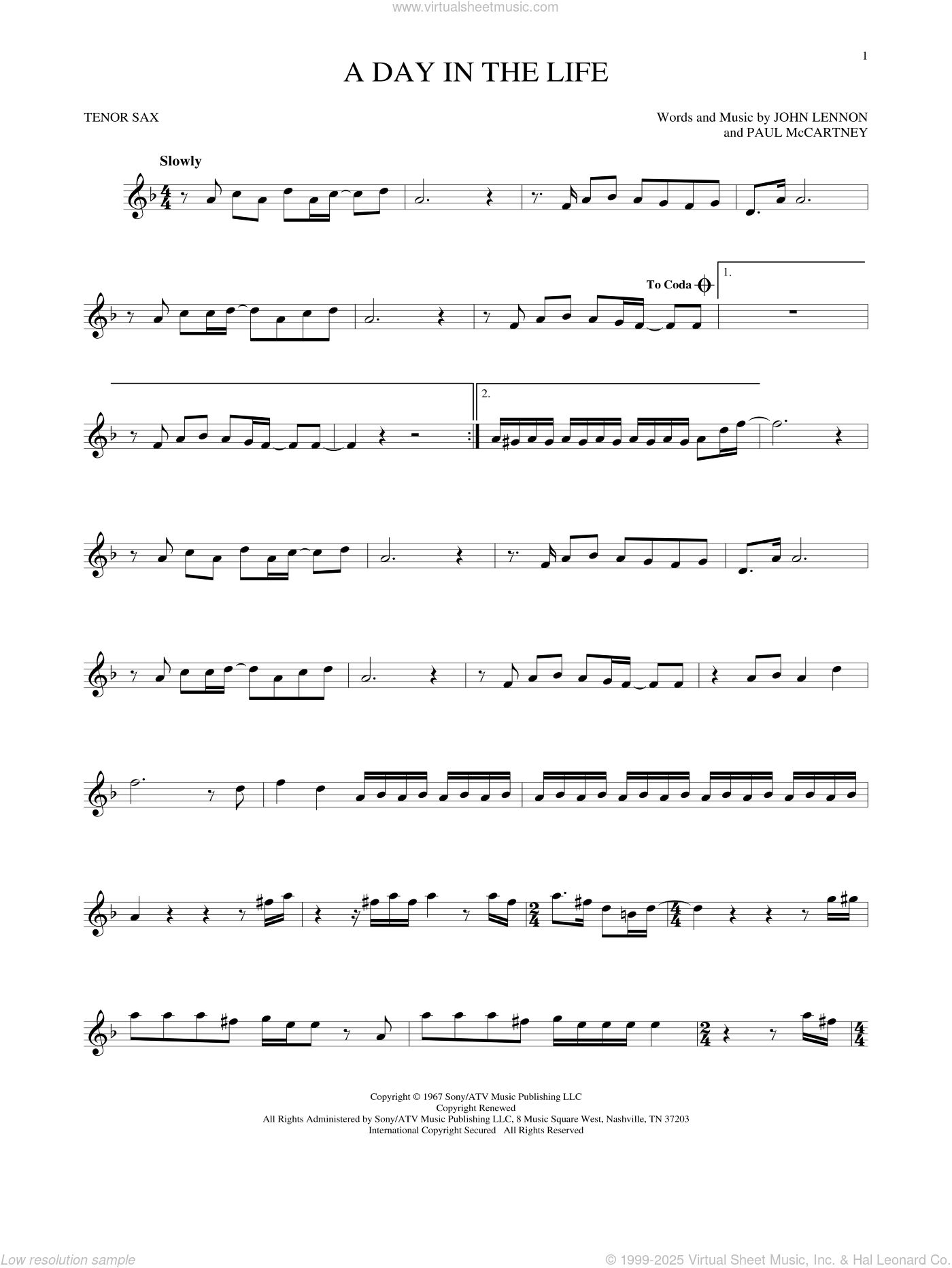 A Day In The Life sheet music for tenor saxophone solo (PDF)