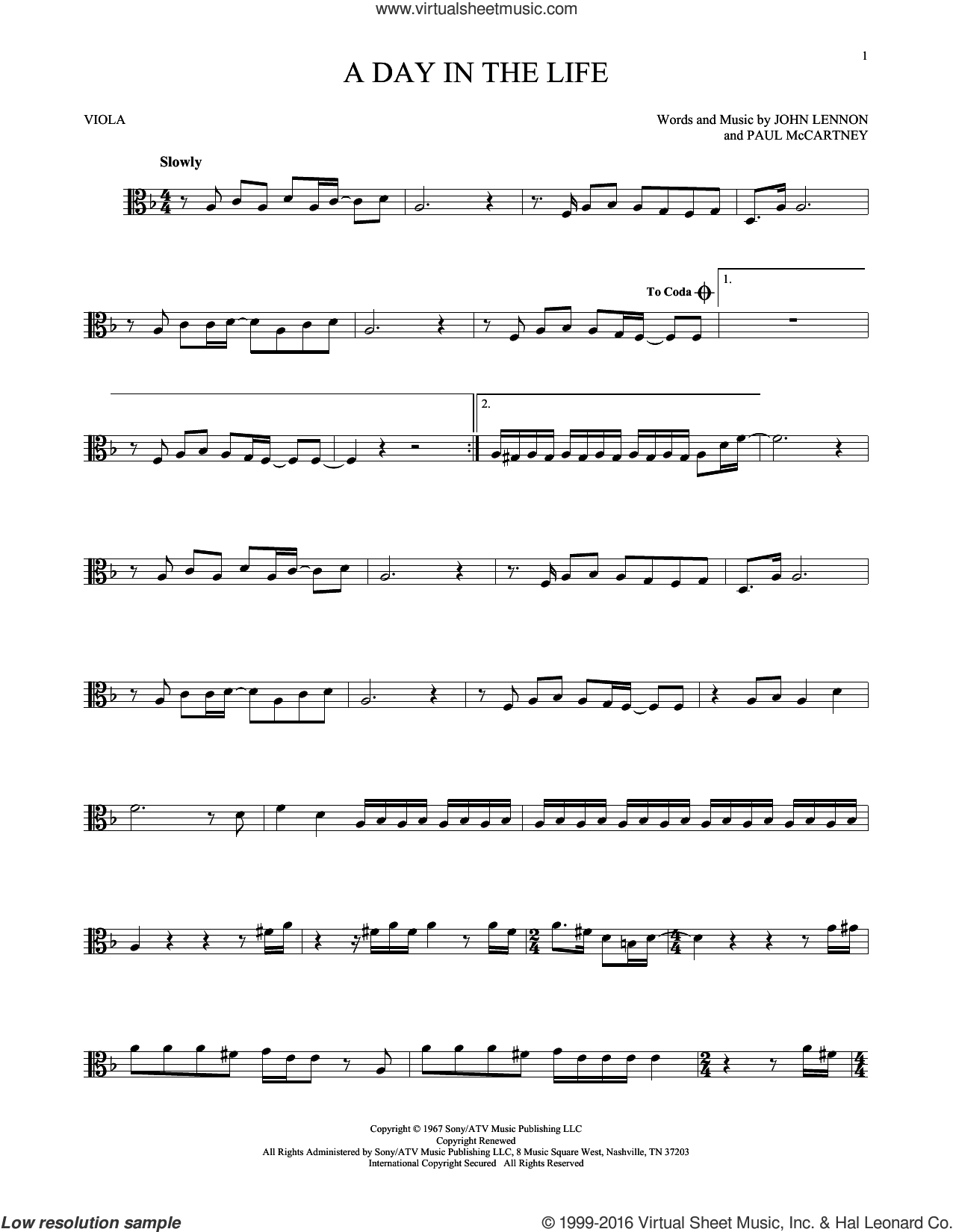 A Day In The Life sheet music for viola solo (PDF-interactive)