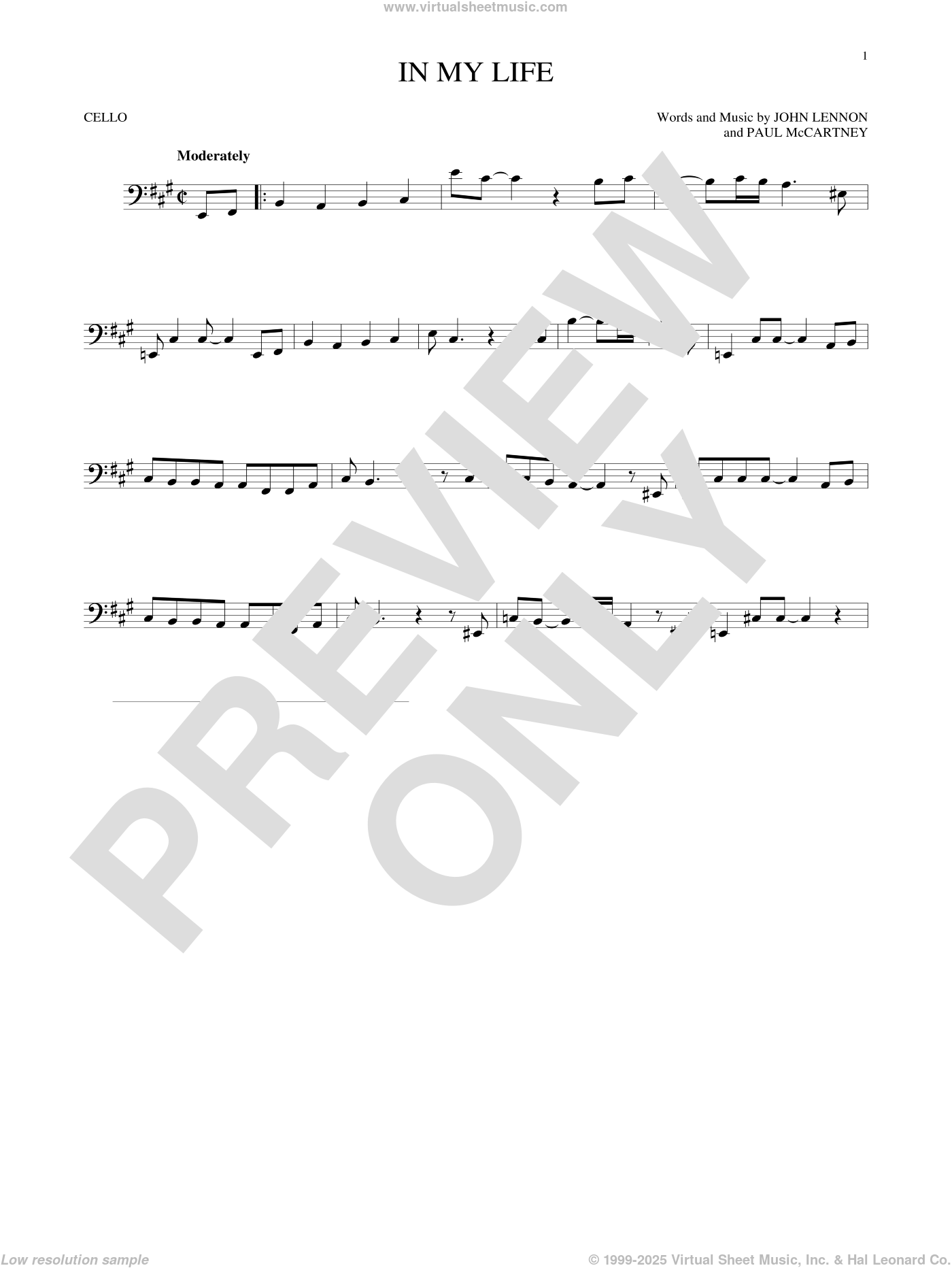 In My Life sheet music for cello solo (PDF-interactive)
