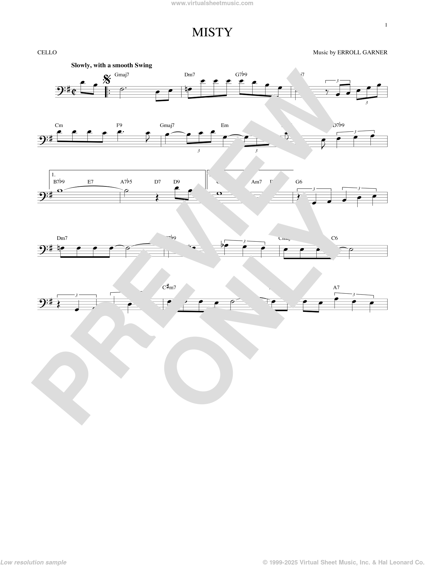 Misty sheet music for cello solo (PDF-interactive)