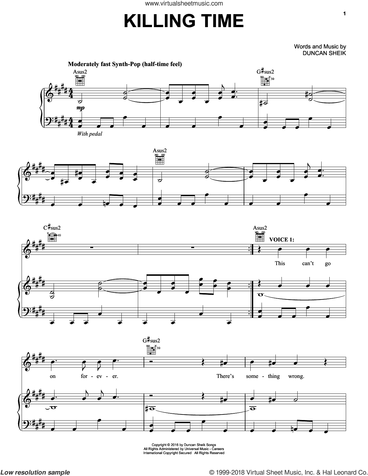 Duncan Sheik: Killing Time sheet music for voice, piano or guitar