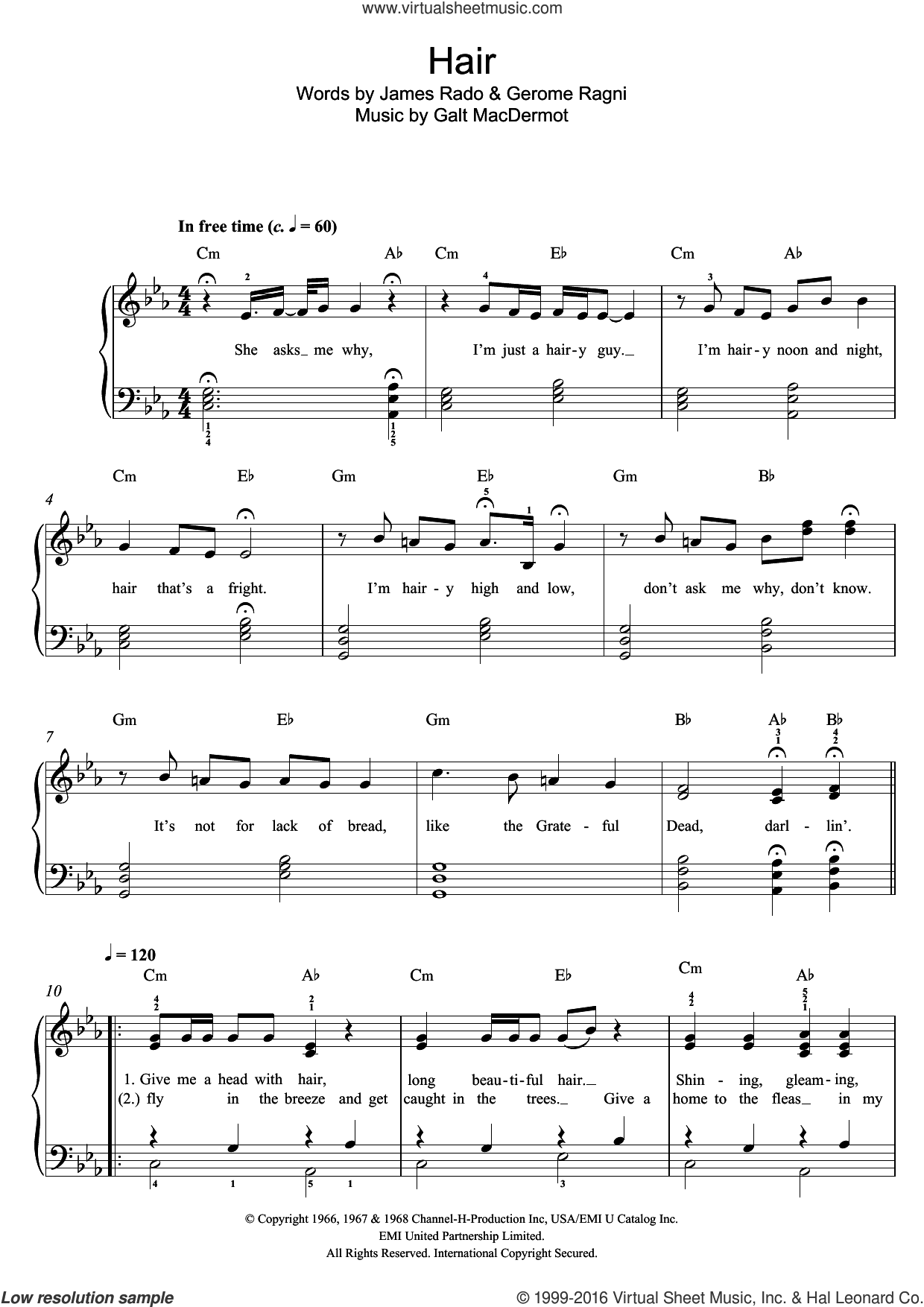 Hair (from 'Hair') sheet music for piano solo (PDF-interactive)