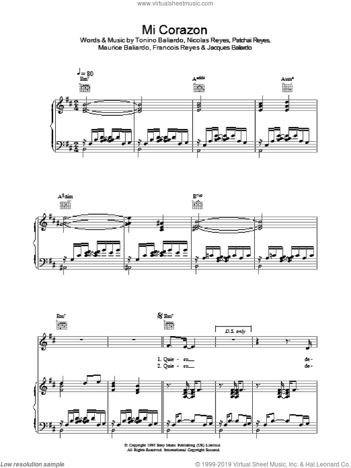 Mi Corazon sheet music for voice, piano or guitar (PDF)