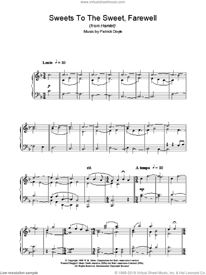 Sweets To The Sweet, Farewell (from Hamlet) sheet music for piano solo