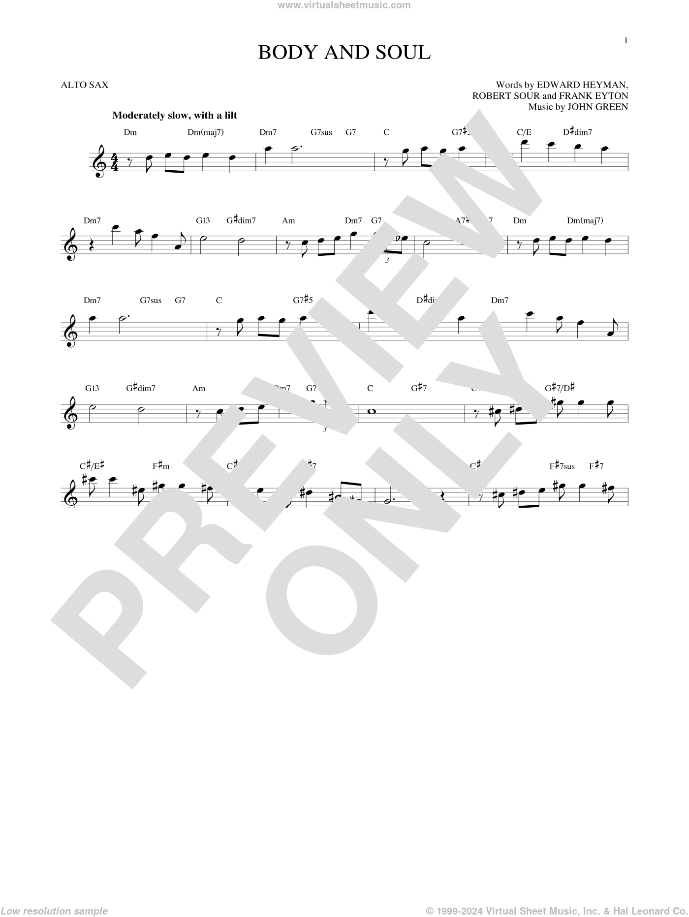 Body And Soul sheet music for alto saxophone solo (PDF)