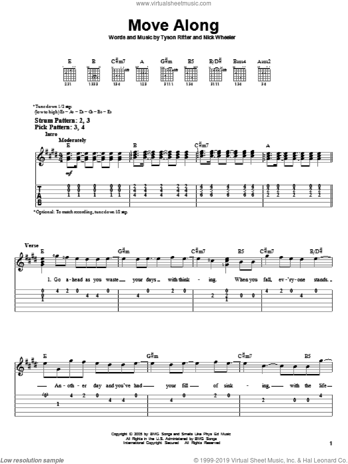 Move Along sheet music (easy) for guitar solo (easy tablature)