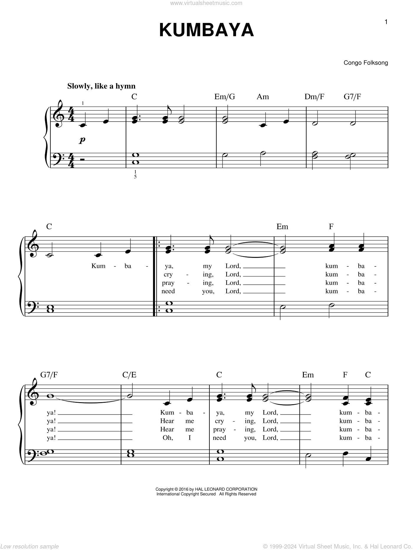 Kumbaya sheet music for piano solo (PDF-interactive)