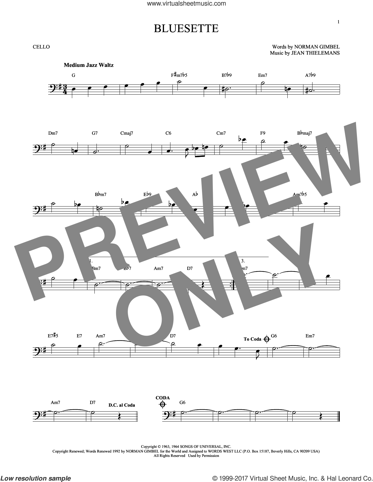 Bluesette sheet music for cello solo (PDF-interactive)