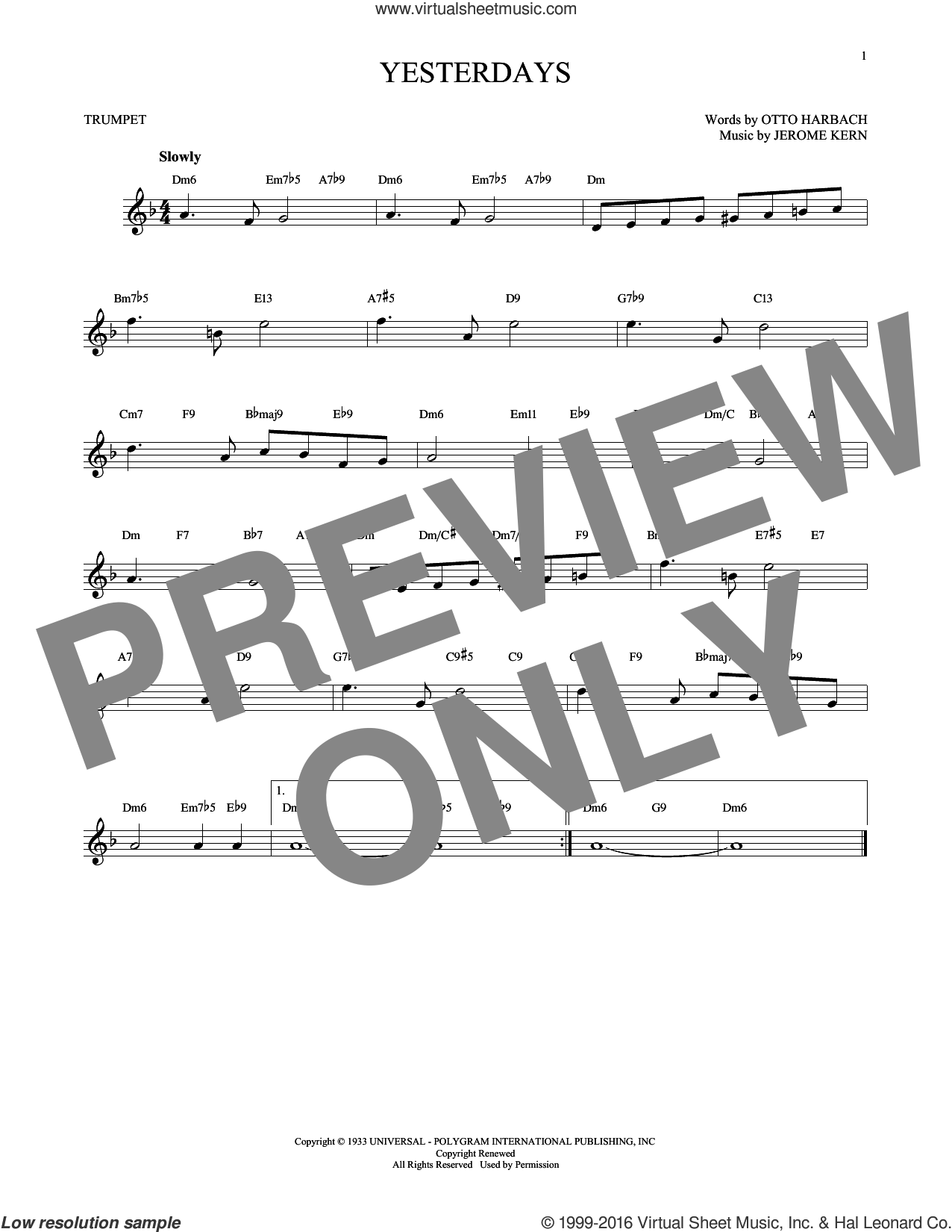 Yesterdays sheet music for trumpet solo (PDF-interactive)
