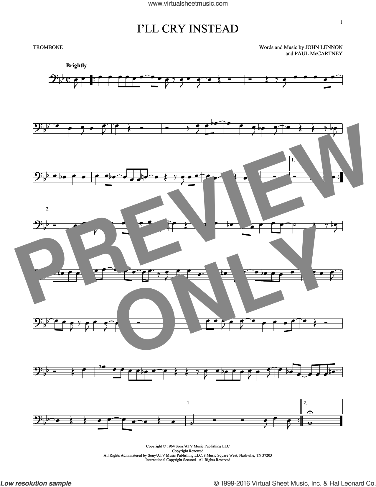 I'll Cry Instead sheet music for trombone solo (PDF-interactive)