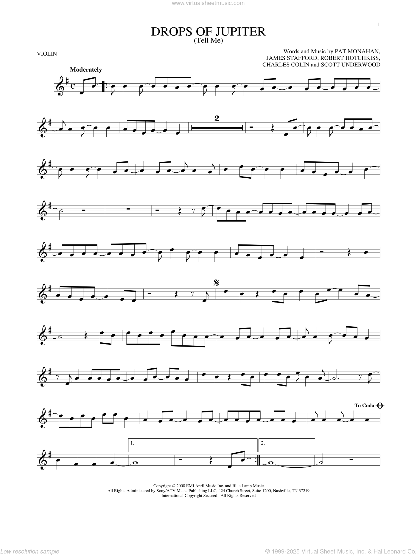 Drops Of Jupiter (Tell Me) sheet music for violin solo (PDF)