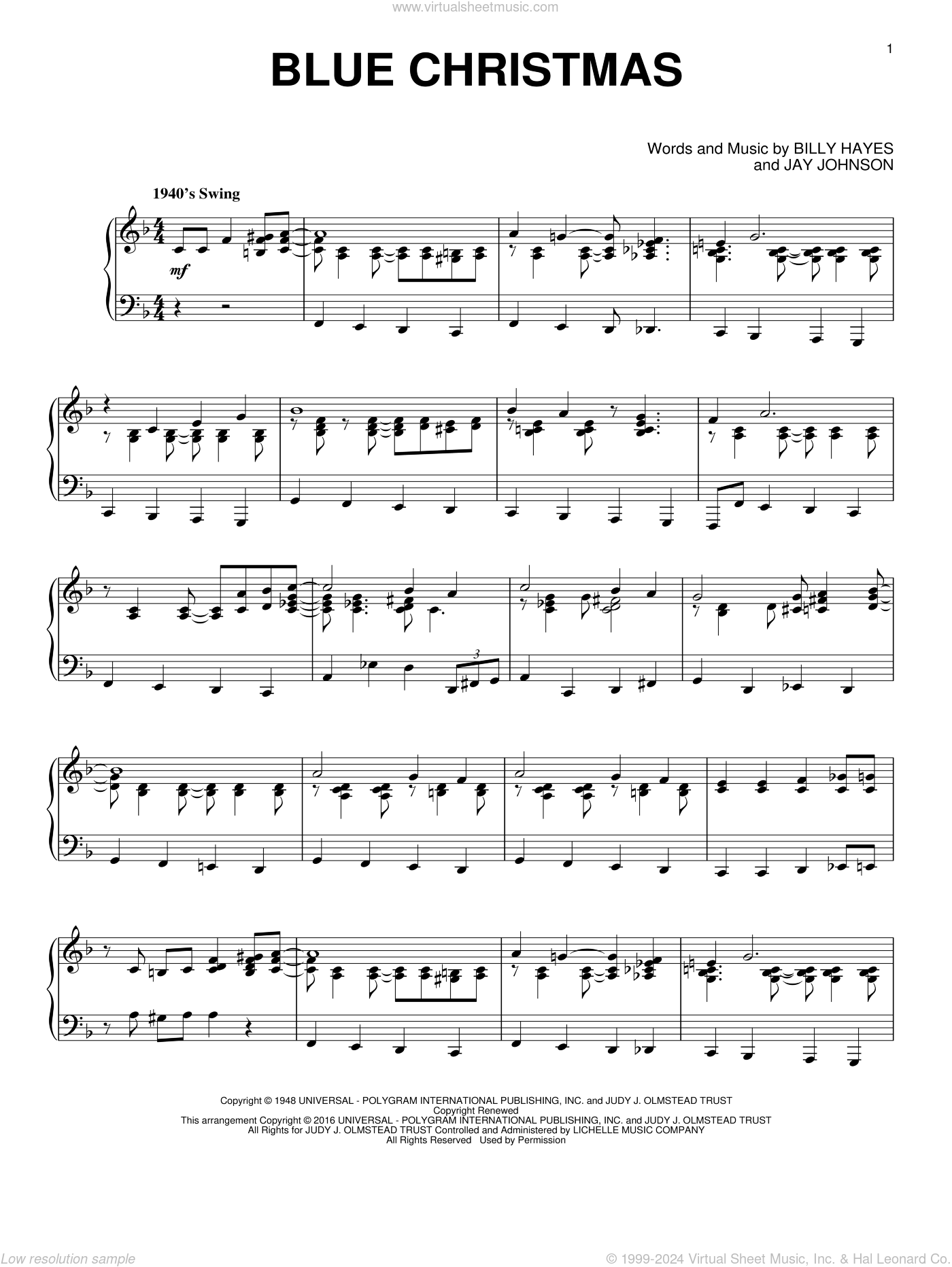 Blue Christmas, (intermediate) sheet music for piano solo (PDF)