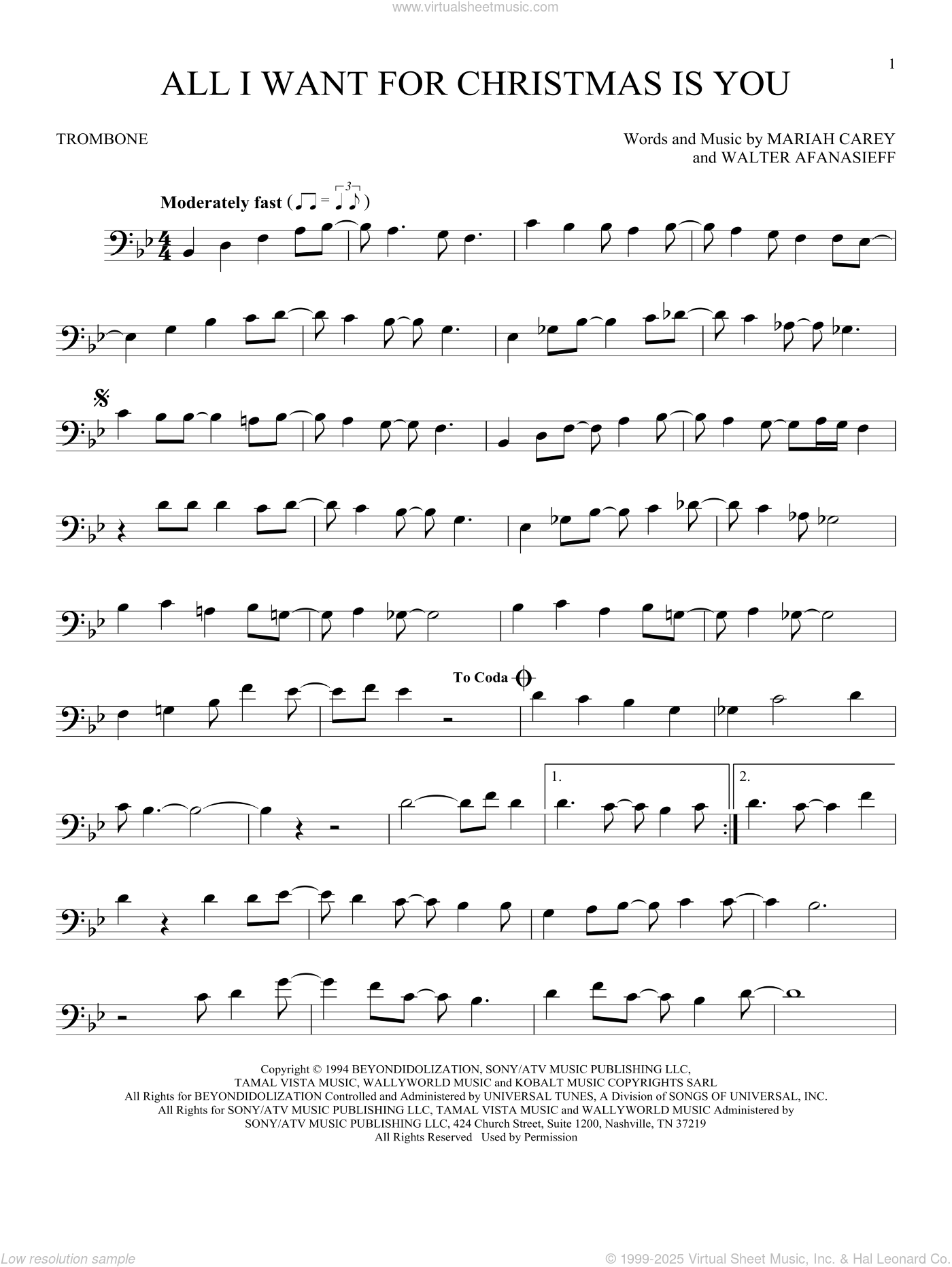 All I Want For Christmas Is You sheet music for trombone solo