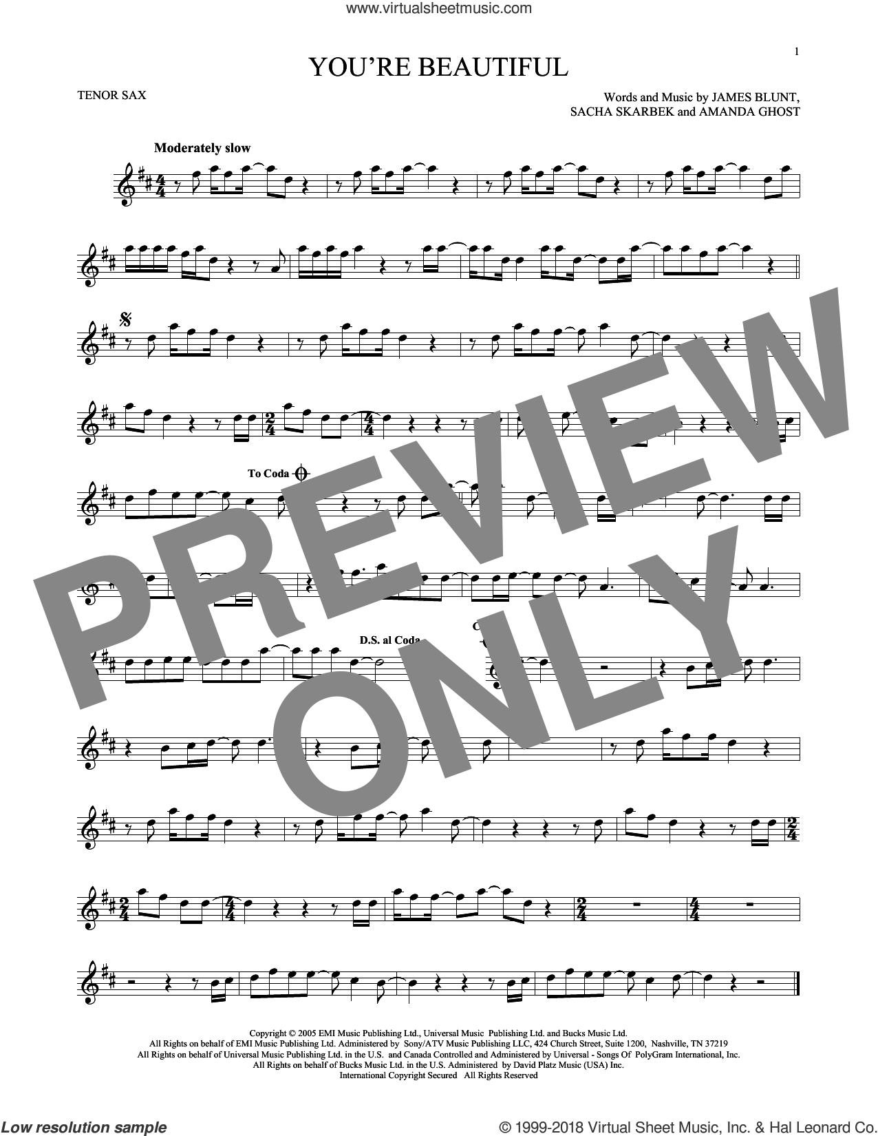 You're Beautiful sheet music for tenor saxophone solo (PDF)