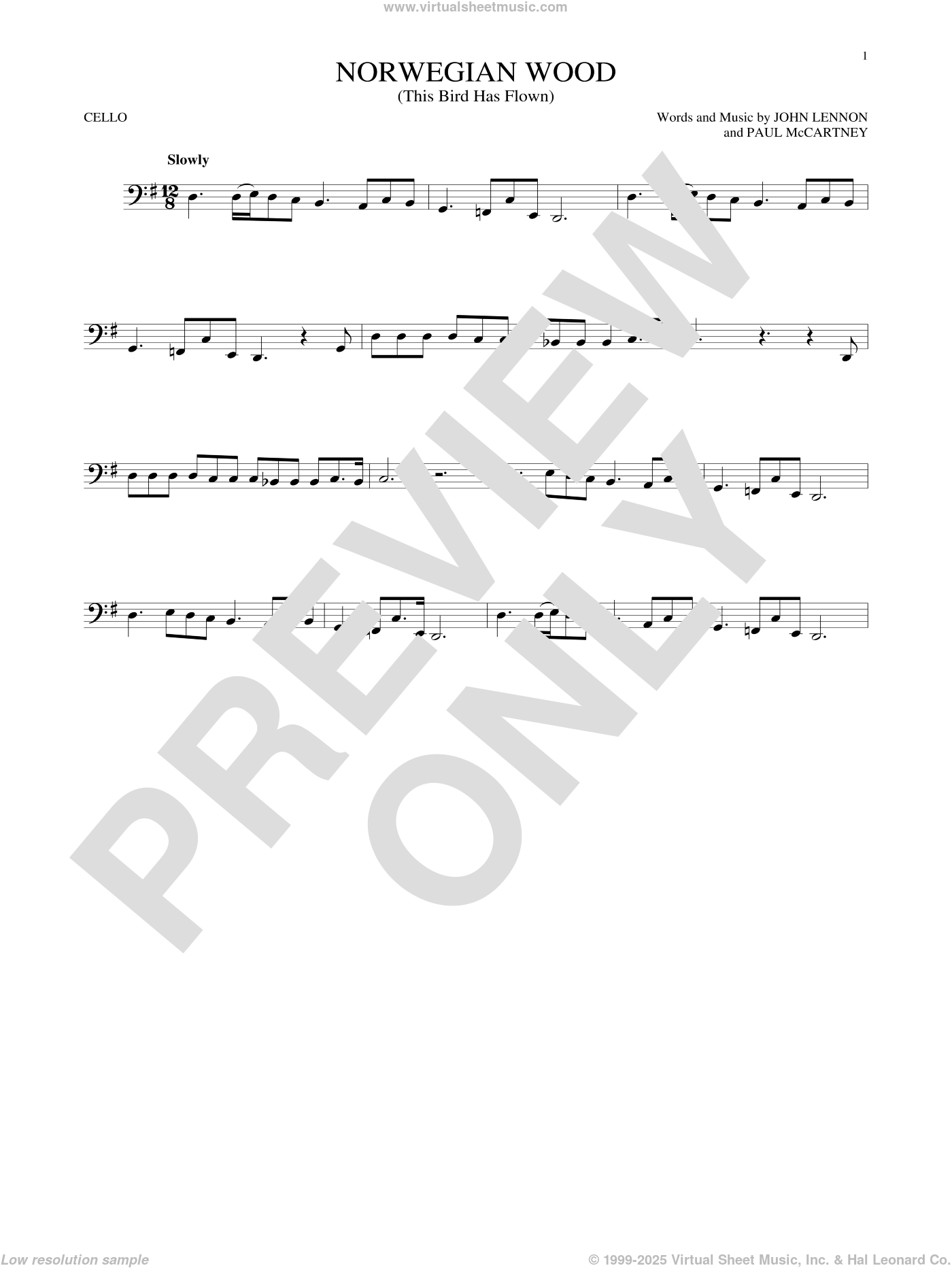 Norwegian Wood (This Bird Has Flown) sheet music for cello solo
