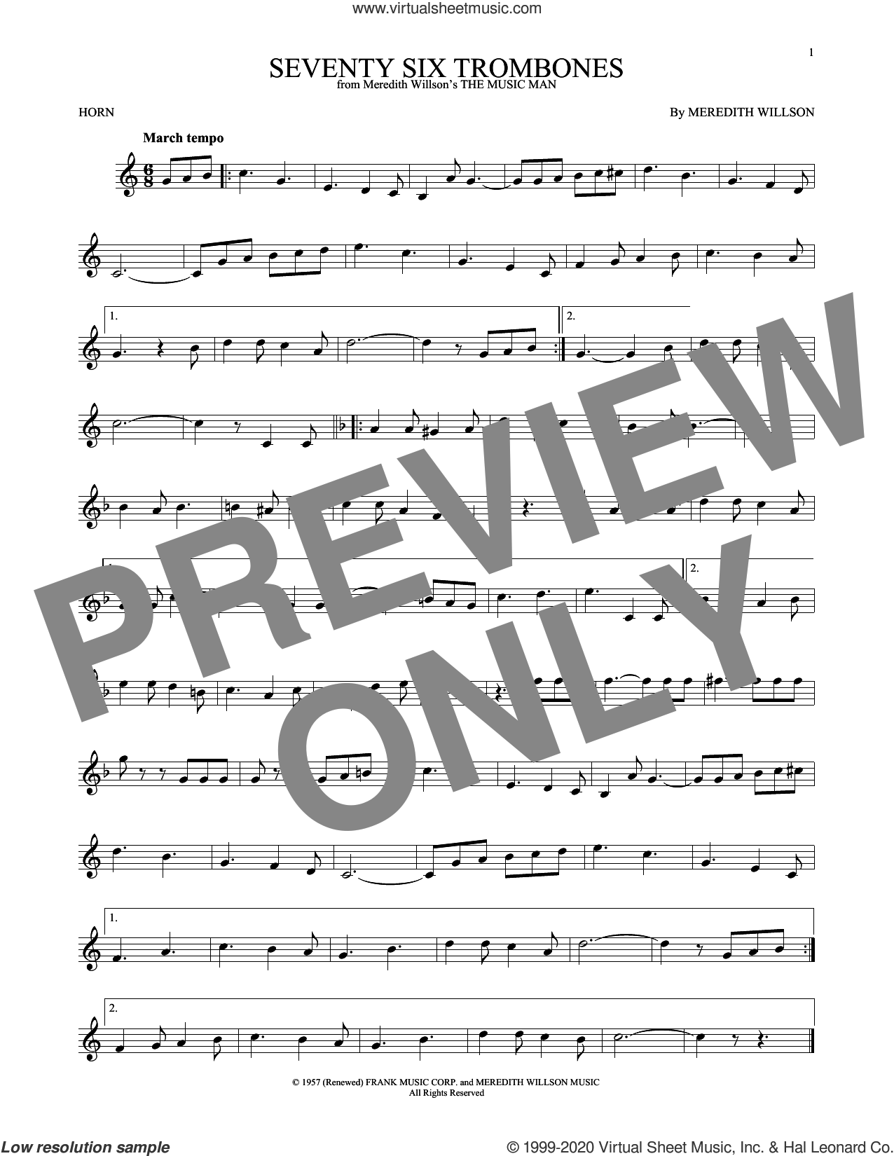 Seventy Six Trombones sheet music for horn solo (PDF-interactive)