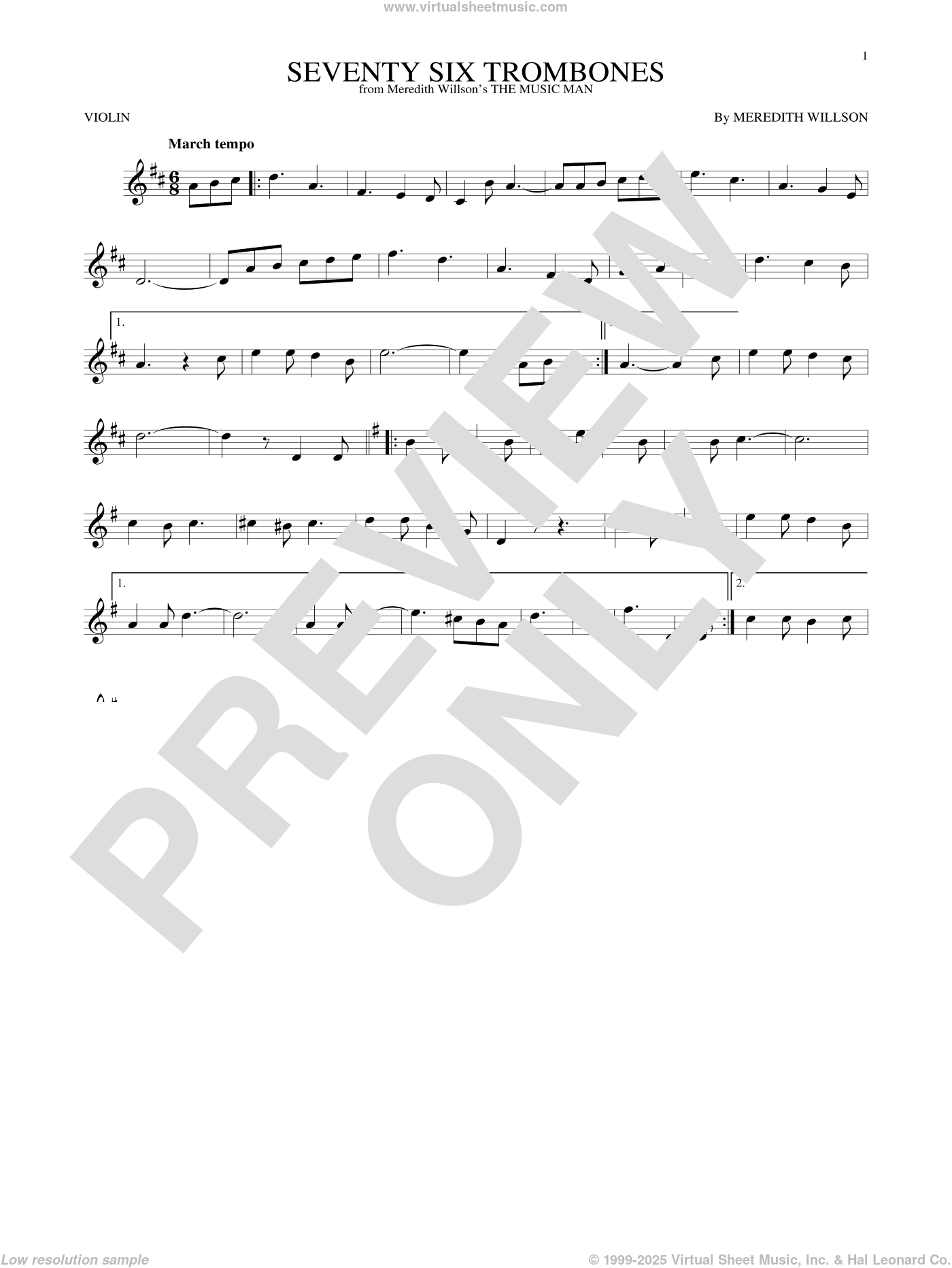 Seventy Six Trombones sheet music for violin solo (PDF)