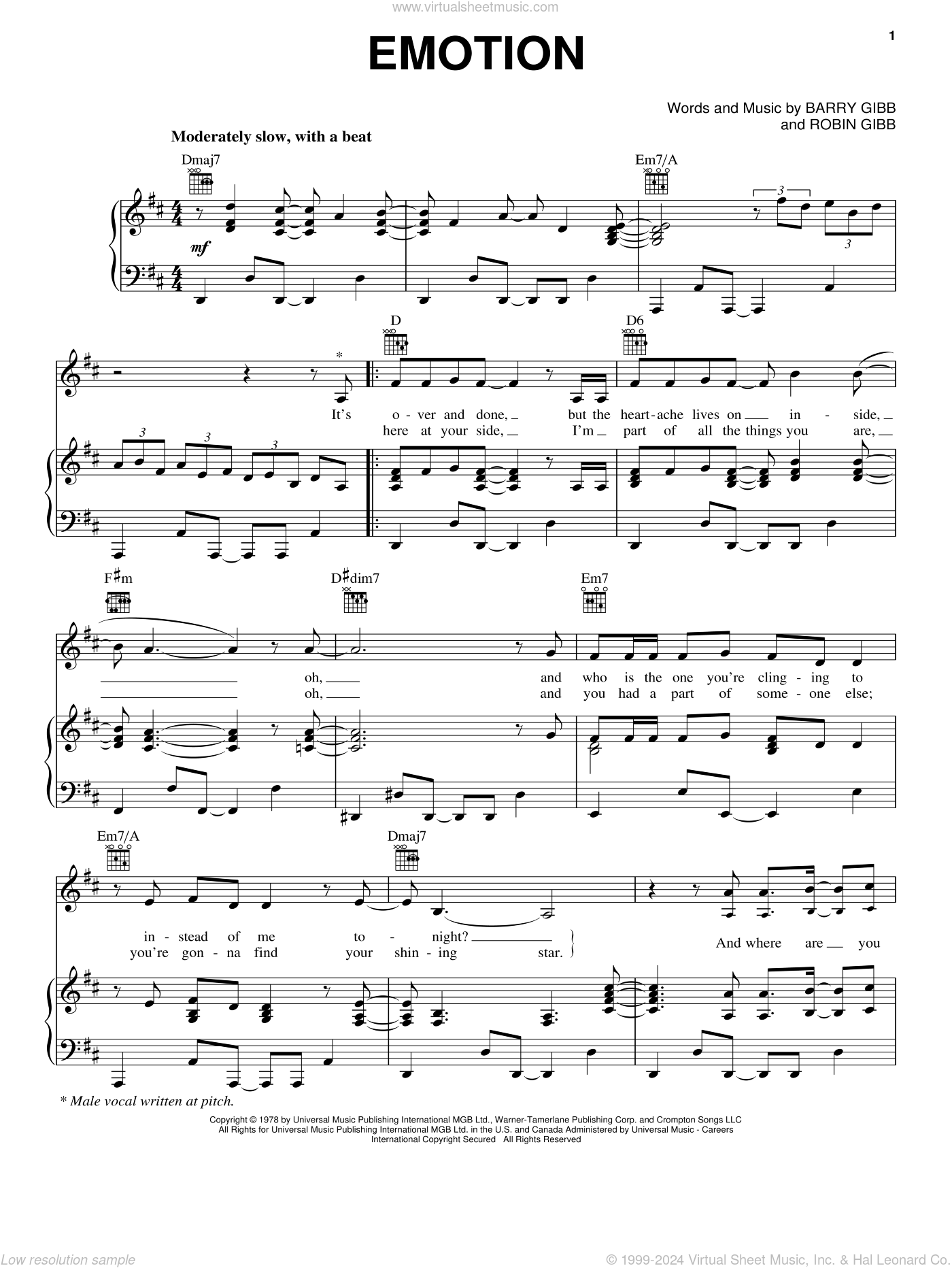 Bee Gees: Emotion sheet music for voice, piano or guitar (PDF)