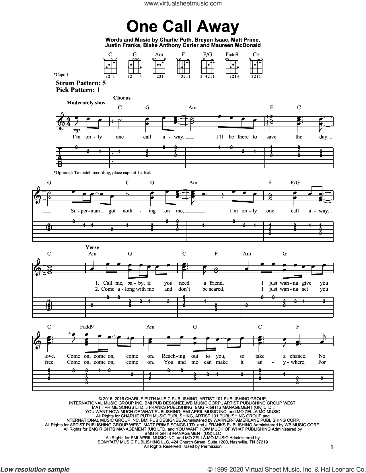 One Call Away sheet music for guitar solo (easy tablature) (PDF)