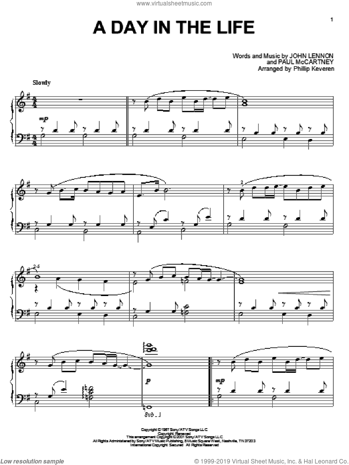 A Day In The Life (arr. Phillip Keveren) sheet music (intermediate) for ...