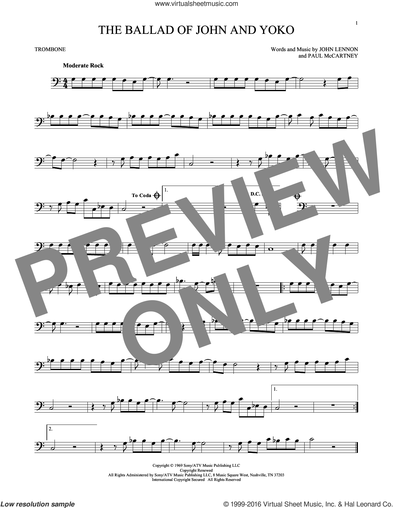 The Ballad Of John And Yoko sheet music for trombone solo (PDF)